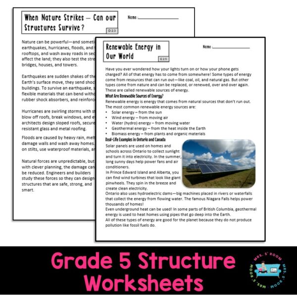 Ontario Grade 5 Structures Worksheets